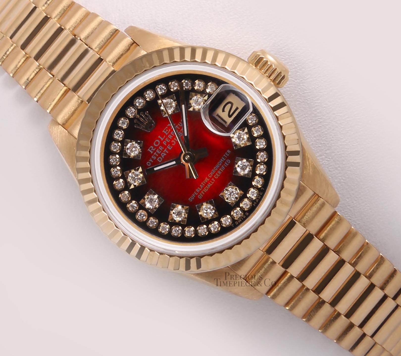 Rolex Lady Datejust 26mm President 18k Fluted Bezel Red Vignette Strin