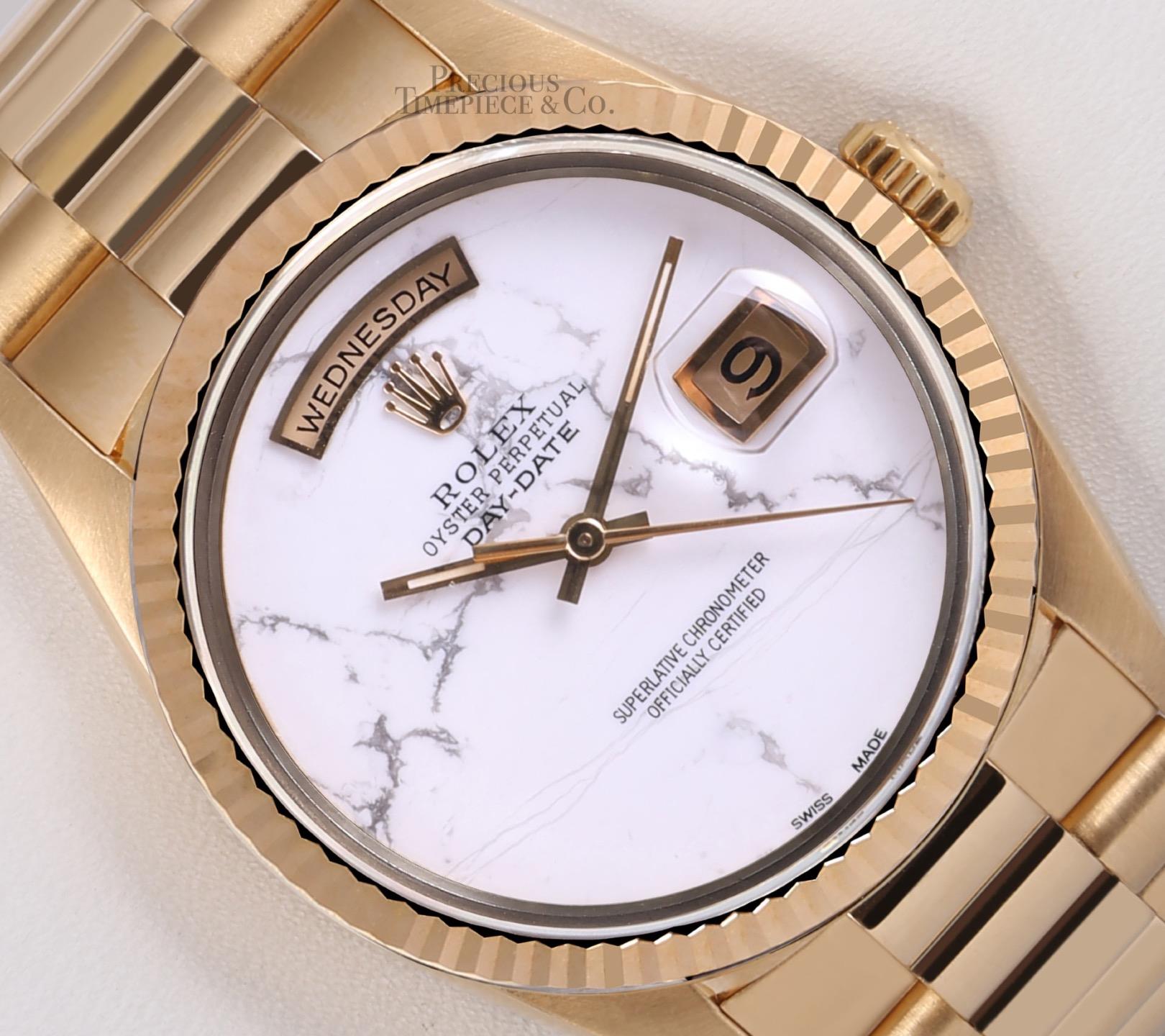 Rolex Day-Date 36mm 18238 President 18K Yellow Gold Fluted White Marbl