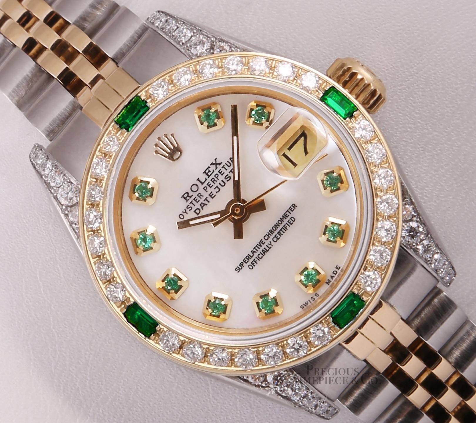 Rolex Lady Datejust 26mm Two-Tone Diamond Bezel MOP Emerald Dial Diamo
