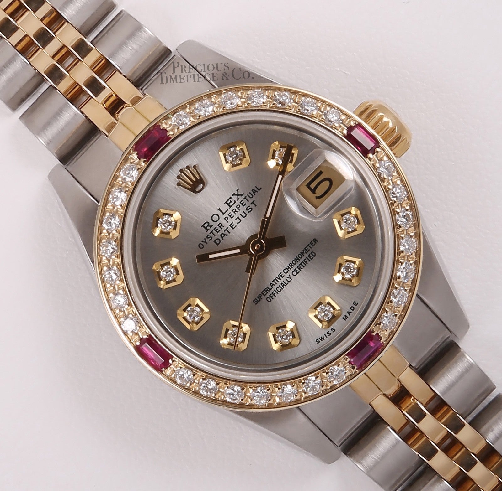 Rolex Lady Datejust 26mm Two-Tone Jubilee Ruby Diamond Bezel Slate Dia