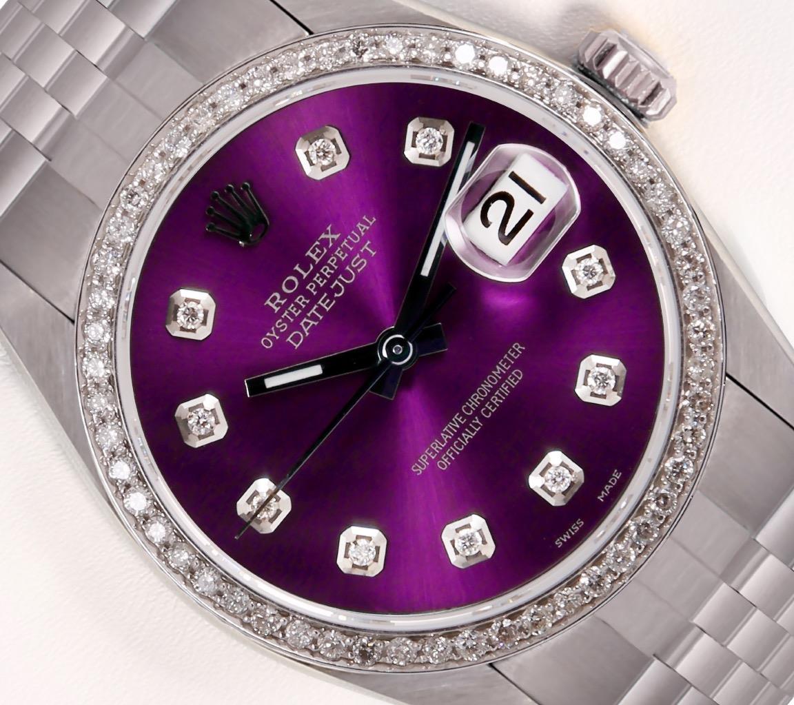 Rolex Datejust Stainless Steel 36mm Watch-Purple Diamond Dial-18k Diam