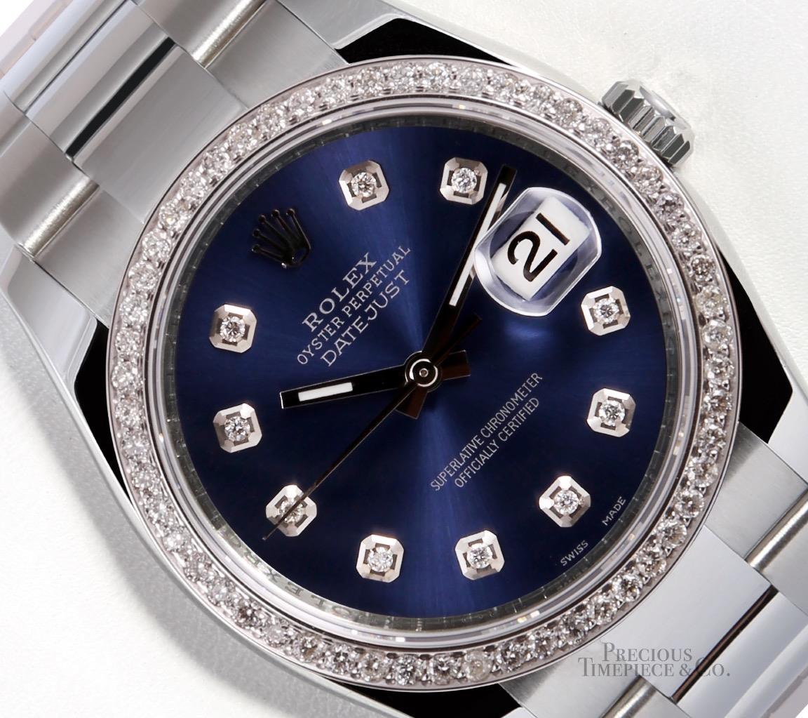 Rolex Datejust 36mm Stainless Steel Oyster Diamond Bezel Navy Blue Dia