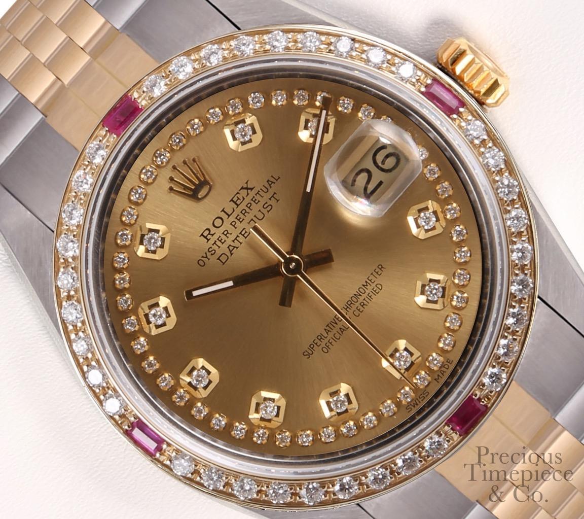 Rolex Datejust 36mm Two-Tone Jubilee Ruby Diamond Bezel Champagne Stri