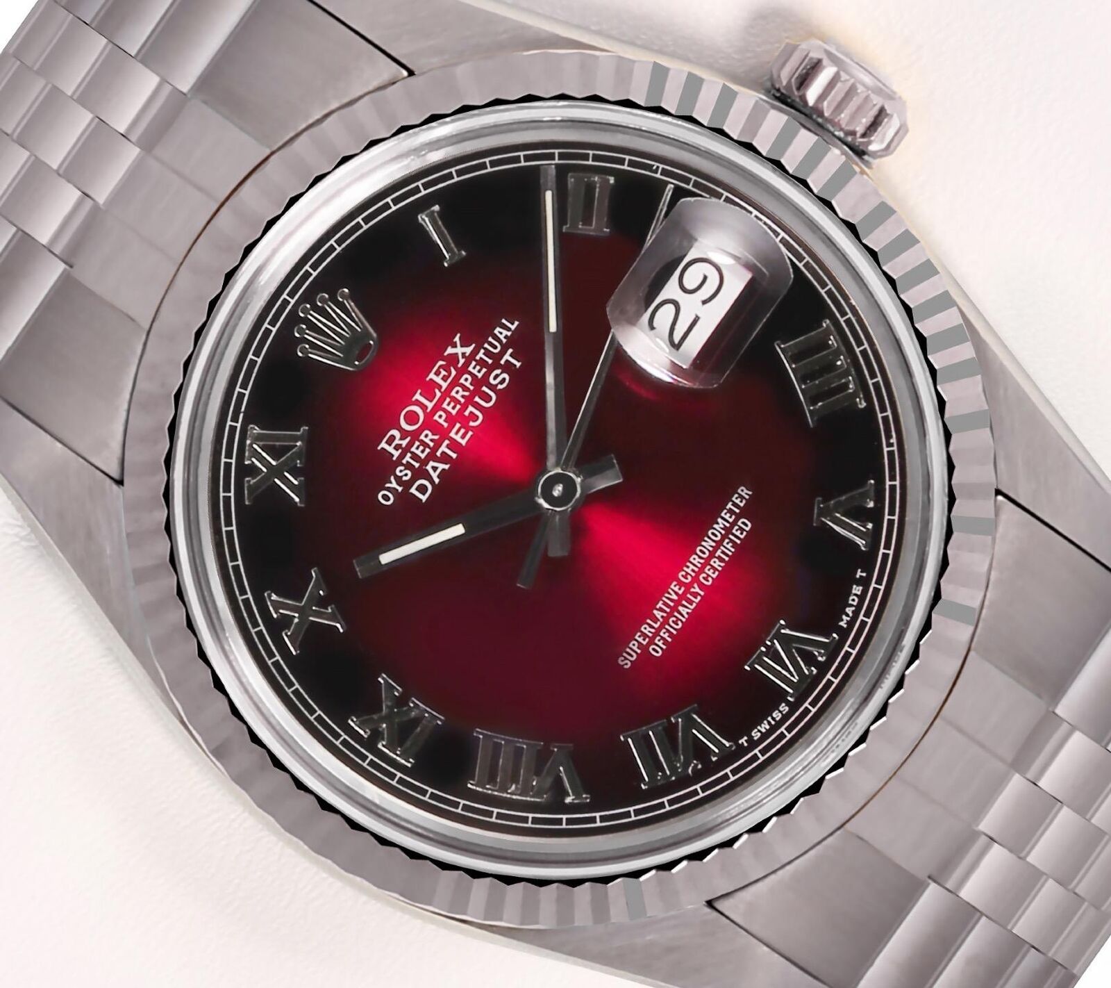 Rolex Men Datejust Stainless Steel 36mm Watch Fluted Bezel Red Roman D