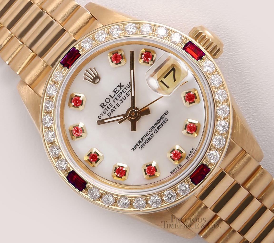 Rolex Lady President 18k Watch-White MOP Ruby Diamond Dial-Ruby Diamon